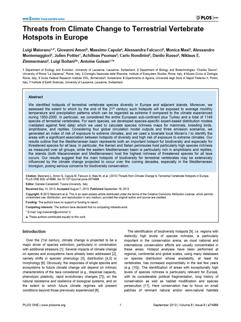 Threats From Climate Change To Terrestrial Vertebrate | PDF ...