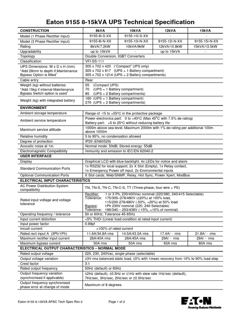 Eaton 9155 8-15kVA APAC Tech Spec Rev 2 | PDF | Alternating Current ...