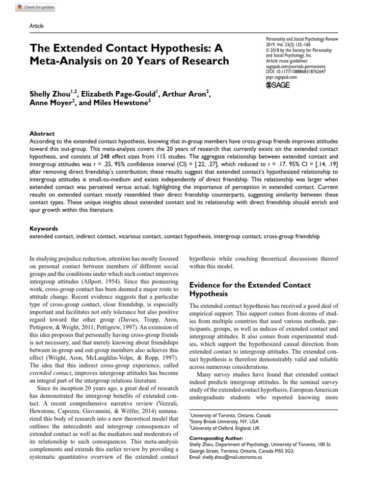 Zhou Et Al 2018 The Extended Contact Hypothesis A Meta Analysis On 20 ...