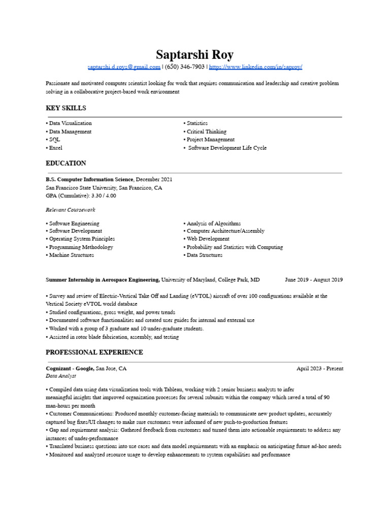 Saptarshi Roy Resume | Download Free PDF | Data | Software