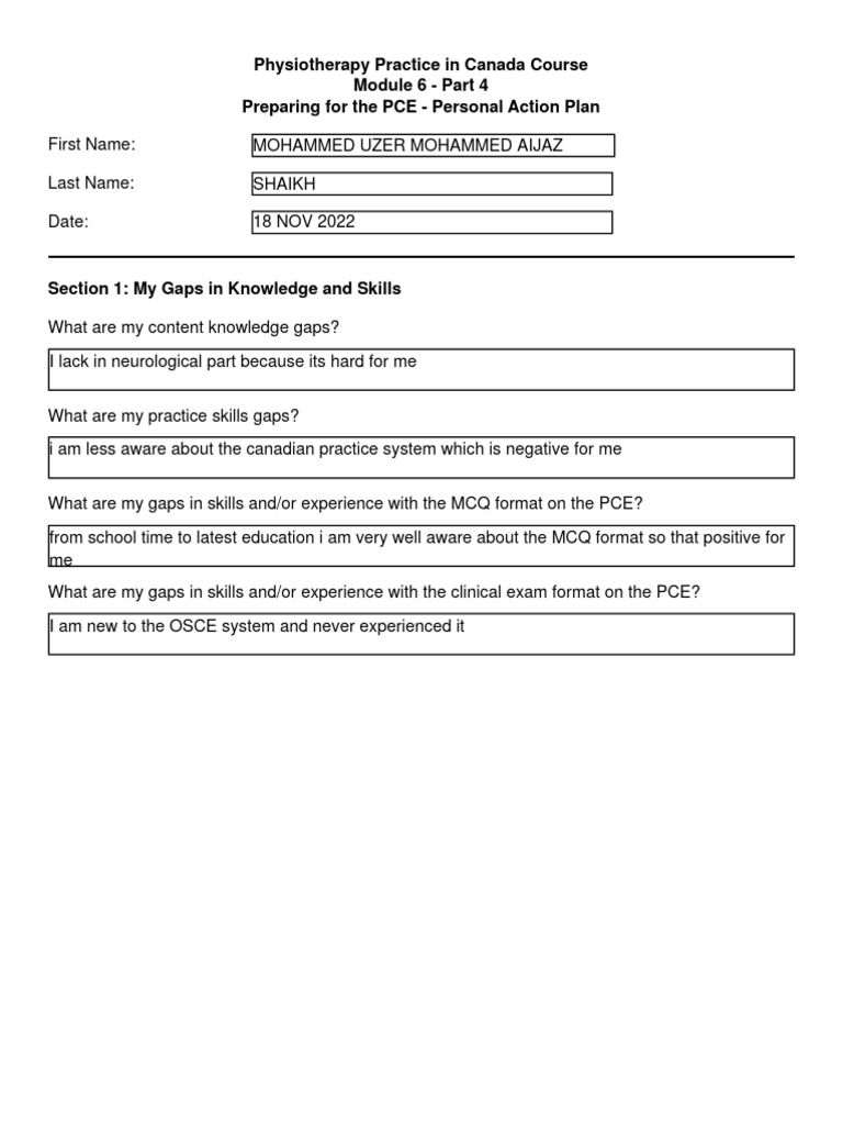 PCE Preparation Action Plan | PDF | Physical Therapy | Cognitive Science