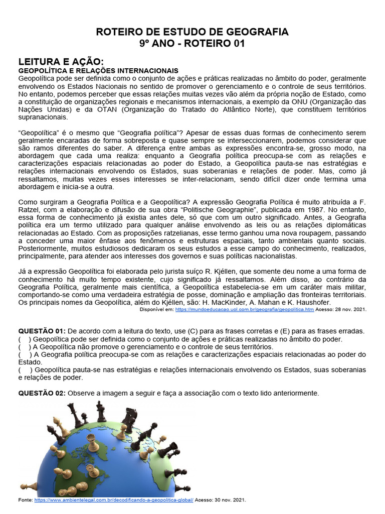 Atividades Avaliativa Geopolitica | PDF | Geopolítica | Estado