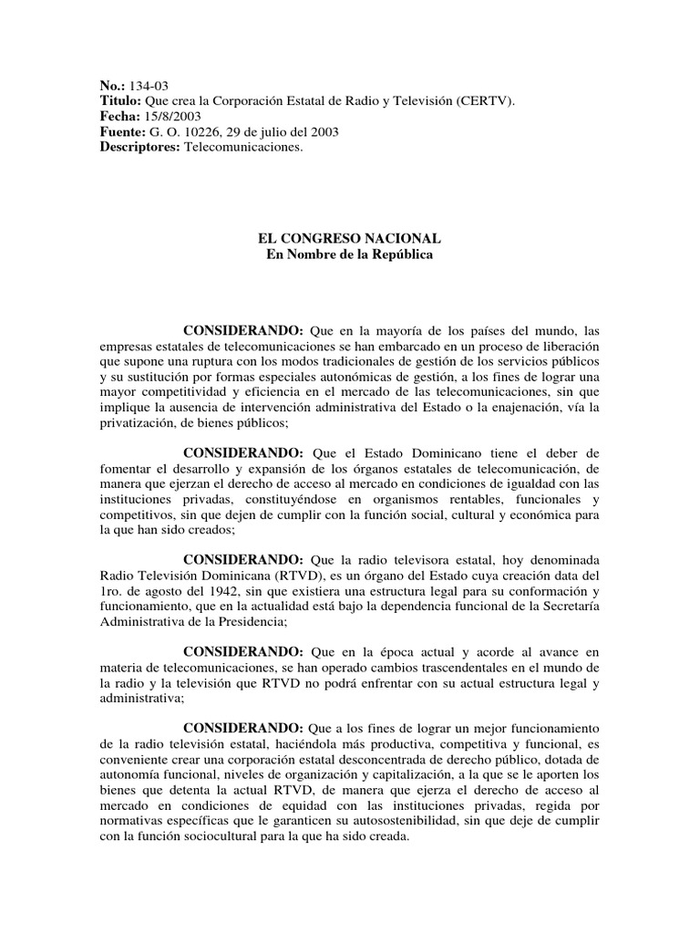 Creación de la CERTV según Ley 134-03 | PDF | Corporaciones | Propiedad