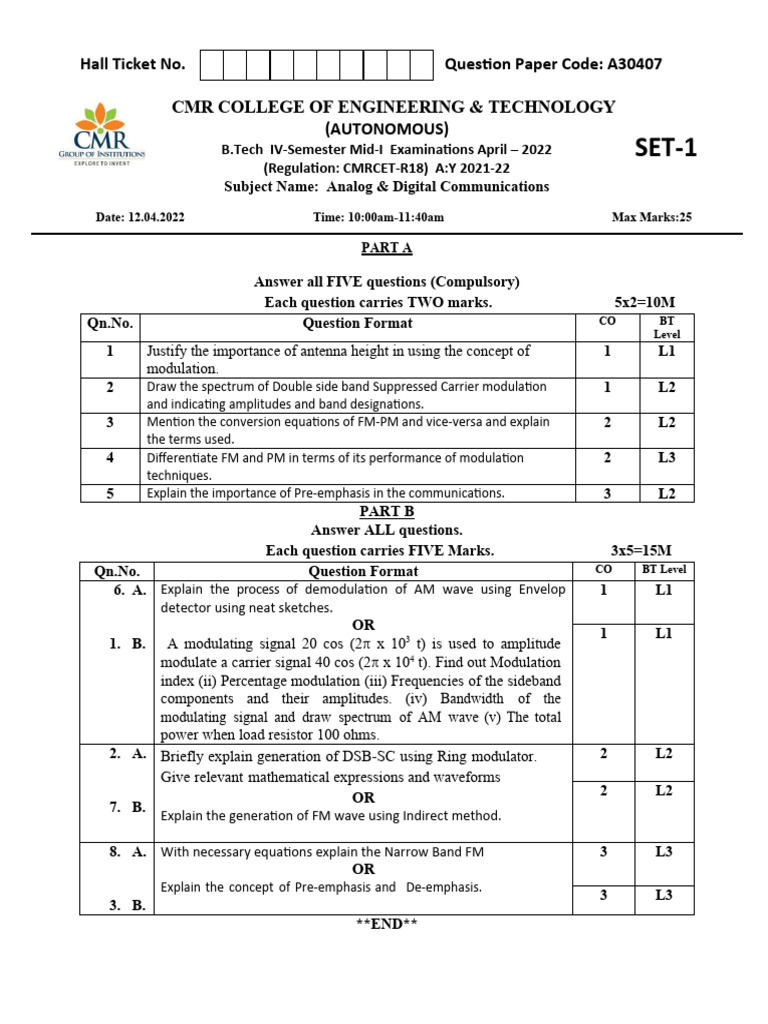 Cmrcet - I-Mid Adc (A30407) | PDF | Frequency Modulation | Modulation