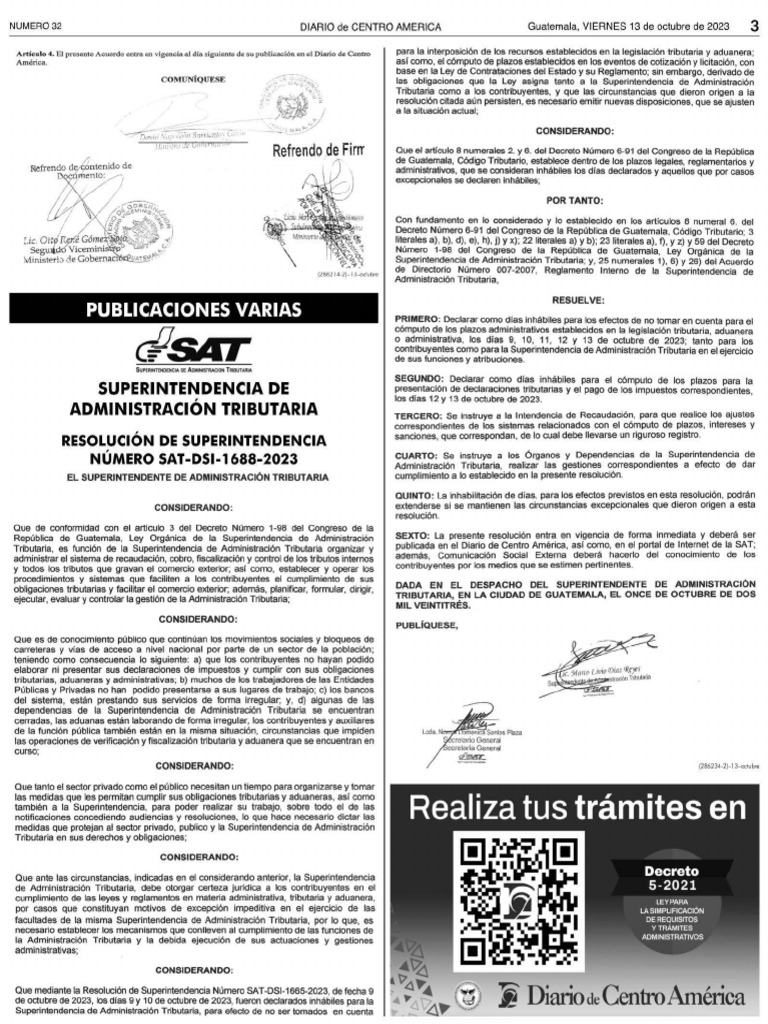 R Sat Dsi 1688 2023 Declaracion Dias Inhabiles Del 9 Al 13 10 2023 Plazos Admon. Tributarios ...