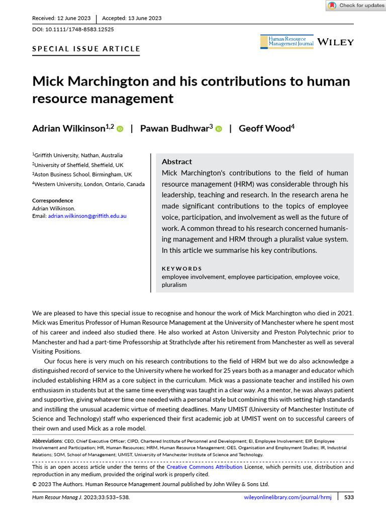 Human Res MGMT Journal - 2023 - Wilkinson - Mick Marchington and His ...
