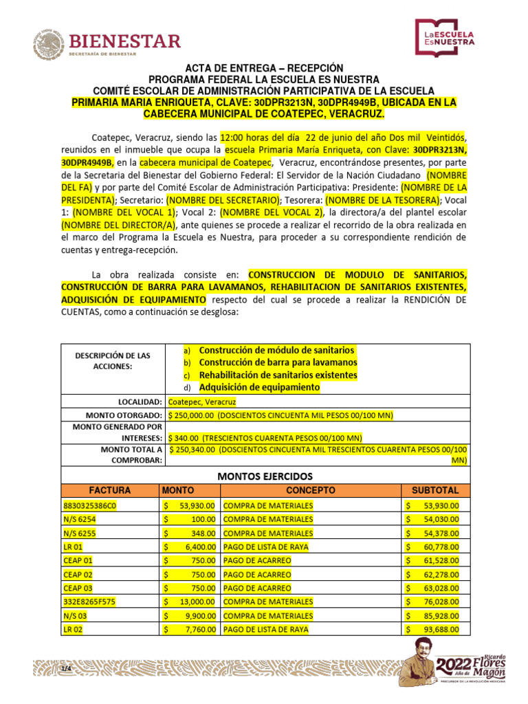Acta de Entrega - Ejemplo Ejercicio Fiscal 2022 | PDF | Hogar, jardinería y bricolaje