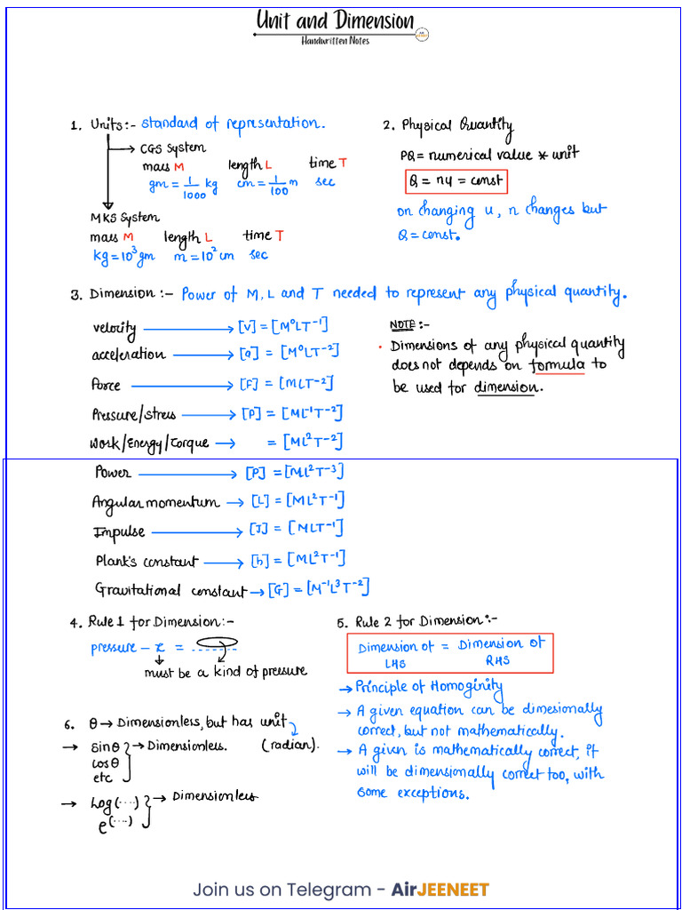Unit and Dimension Handwritten Notes | PDF | Teaching Mathematics ...