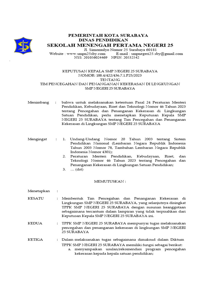 Lampiran 2 Contoh SK Kepala Satuan Pendidikan Pembentukan TPPK | PDF