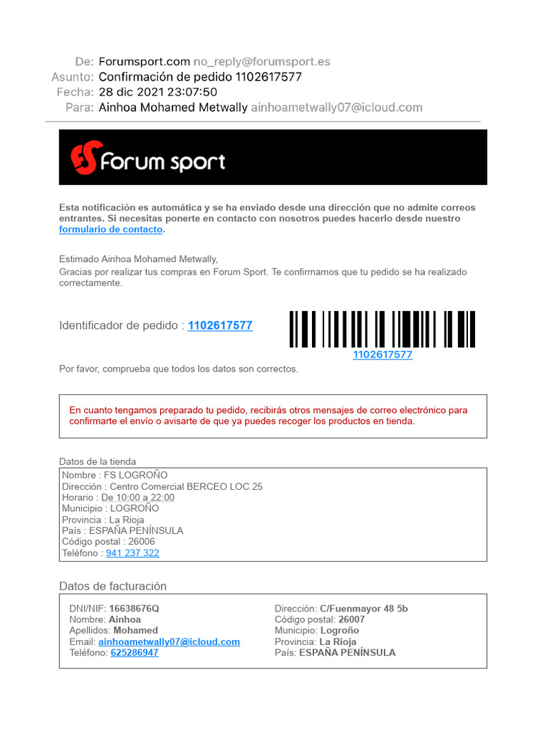 Confirmación de Pedido 1102617577 | PDF