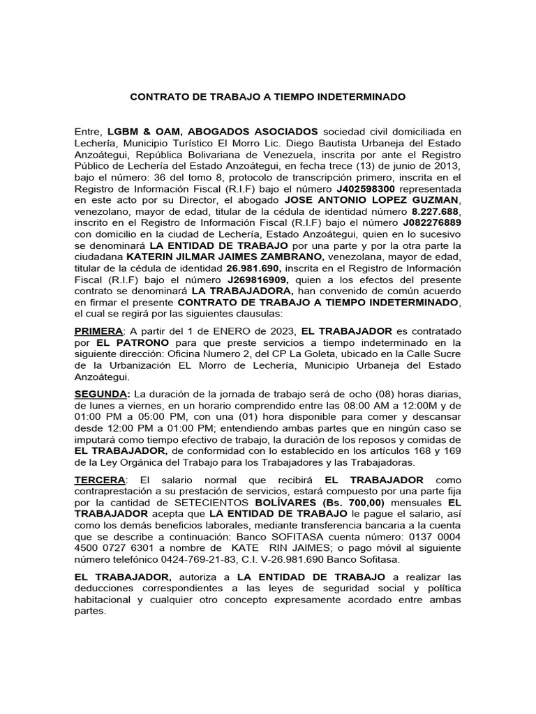 Contrato De Trabajo A Tiempo Indeterminado Katerin Descargar Gratis