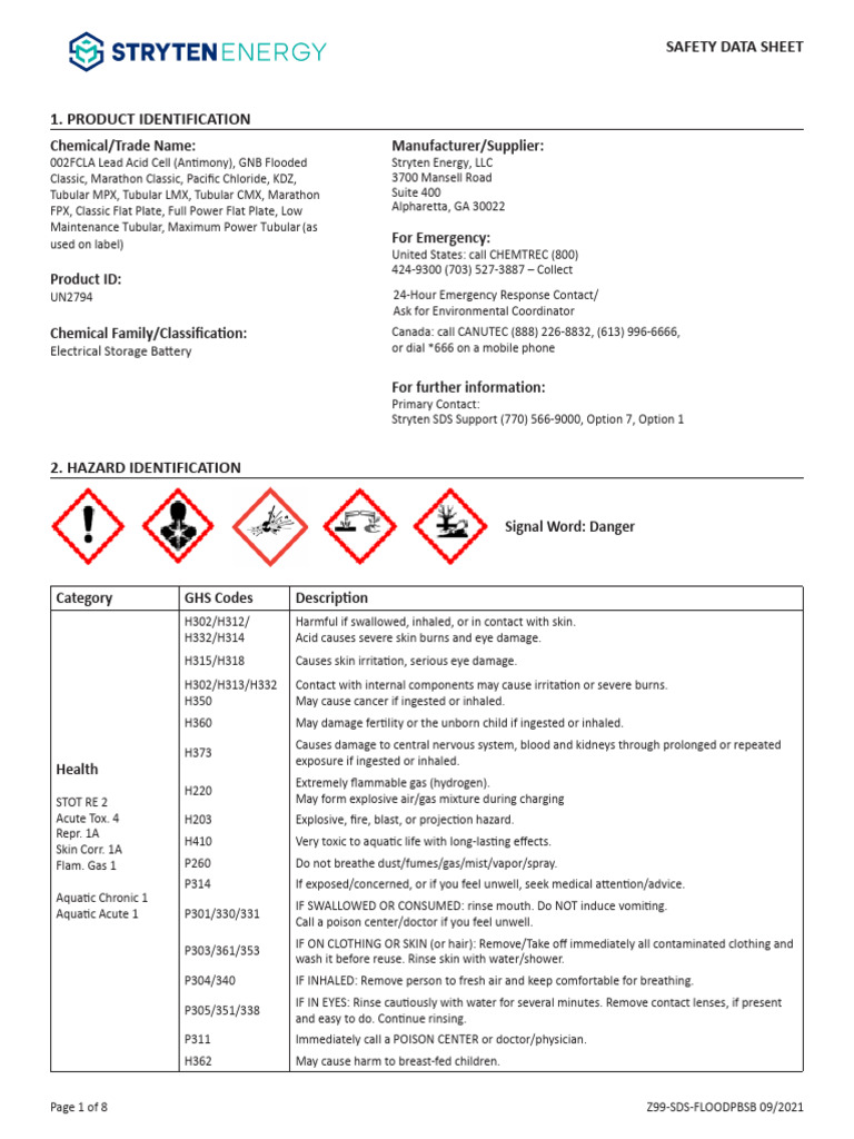 Battery - MSDS - Stryten Energy | PDF | Sulfur | Sulfuric Acid