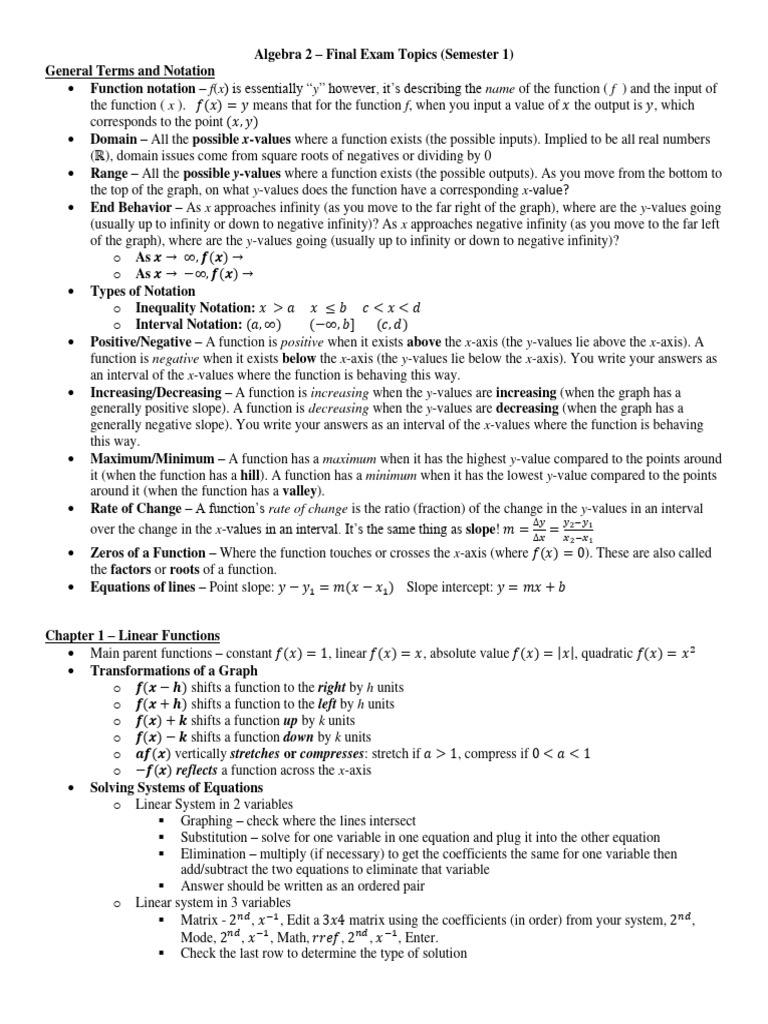 Alg 2 Final Exam Topics (Sem 1) 2023 | PDF | Function (Mathematics) | Inequality (Mathematics)