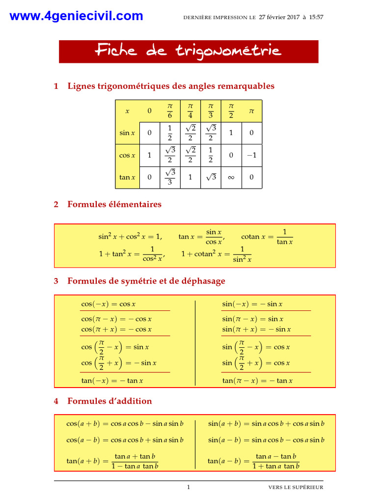 Fiche de Formules de Trigonométrie | PDF | Trigonométrie | Géométrie