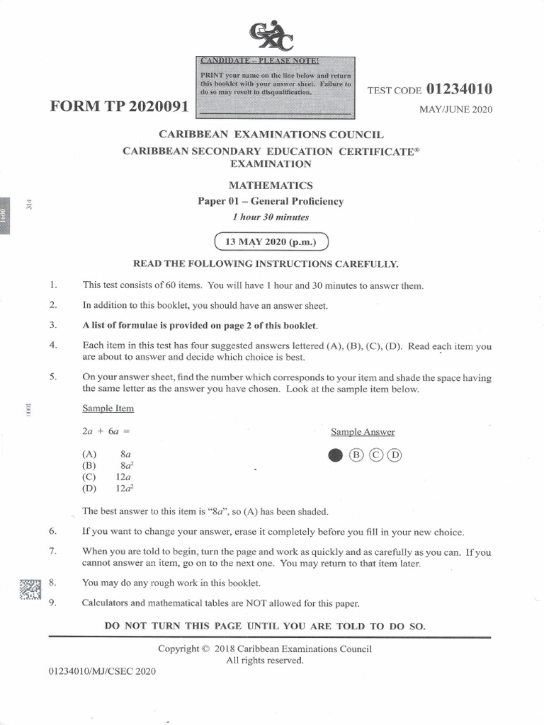 CSEC June Maths 2020-Paper 1 | PDF