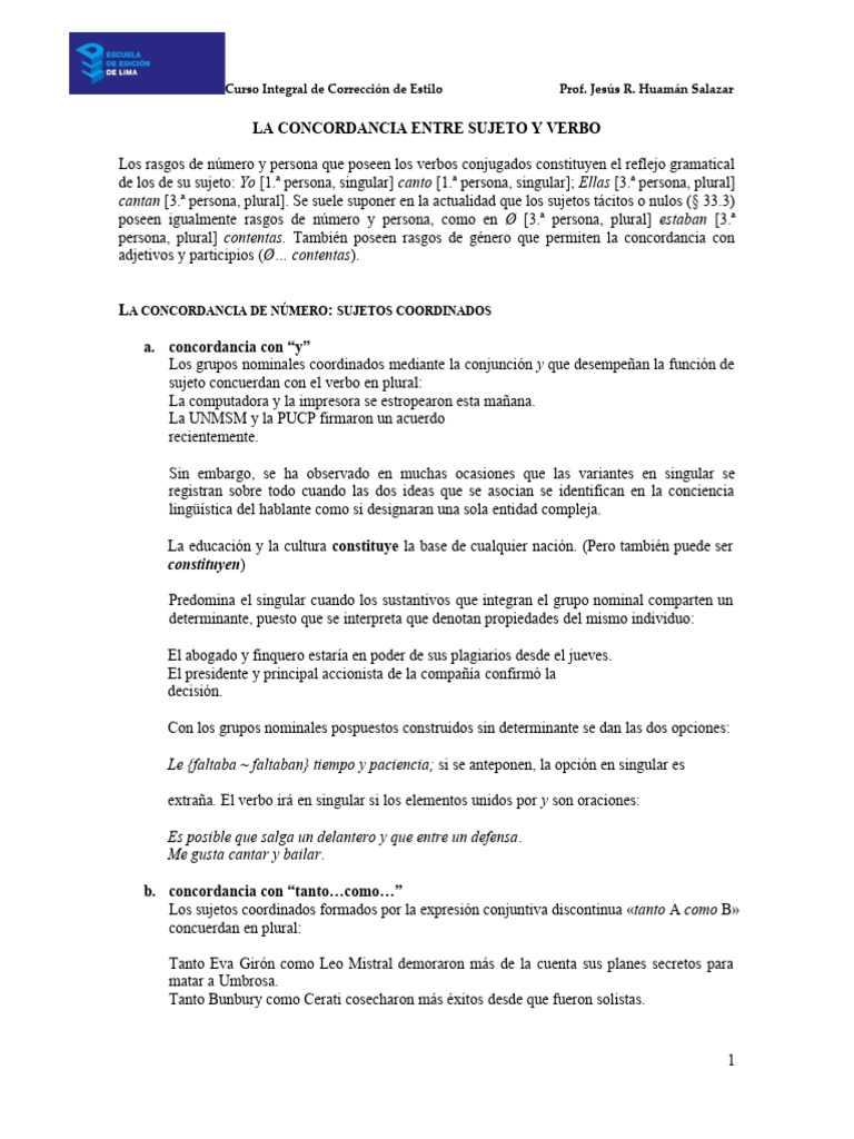 Sesion 3 Concordancia Verbal-Word | PDF | Plural | Verbo