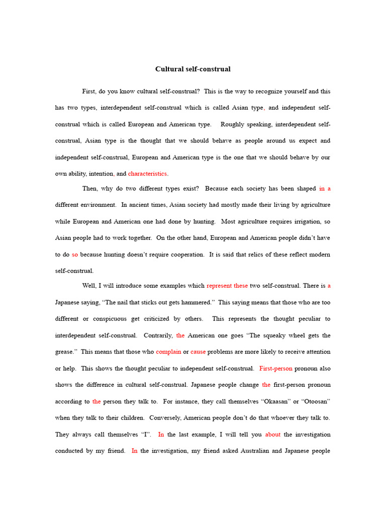 Cultural self-construal Wataru Sasaki (A) 赤 | PDF | Psychology ...
