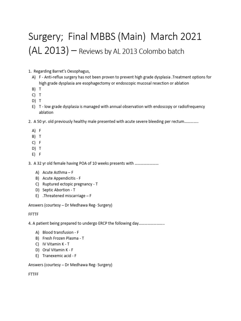 Surgery Final MBBS (Main) March 2021 (AL 2013) - Reviews by AL 2013 Colombo Batch | PDF | Shock ...