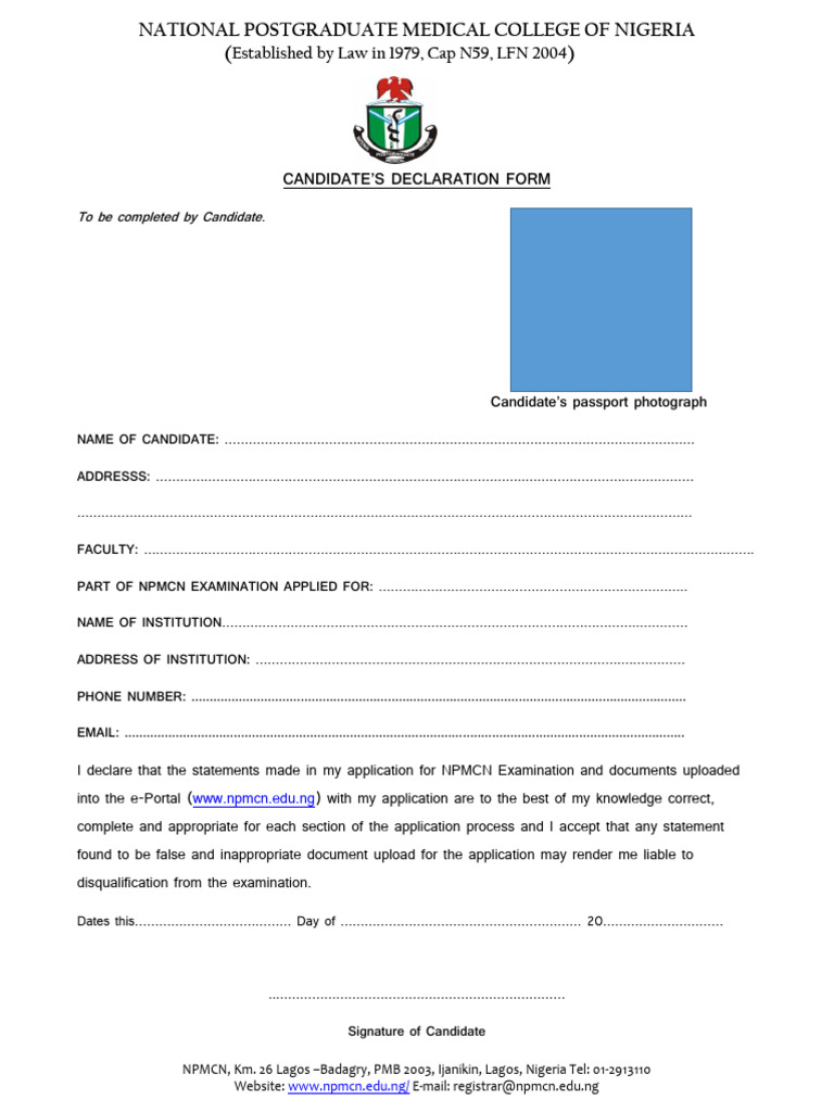 Candidate Declaration Form For NPMCN Examination | PDF