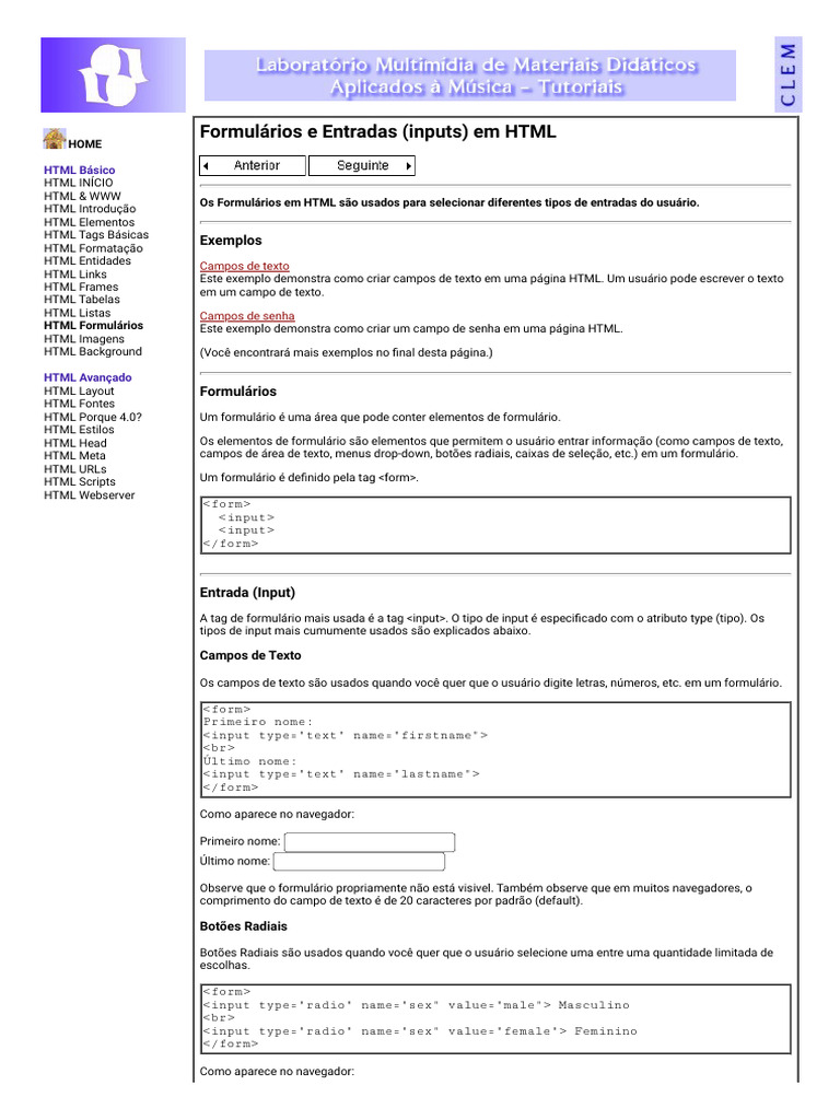 Tutorial de HTML - Formulários | PDF | Html | Engenharia de Software