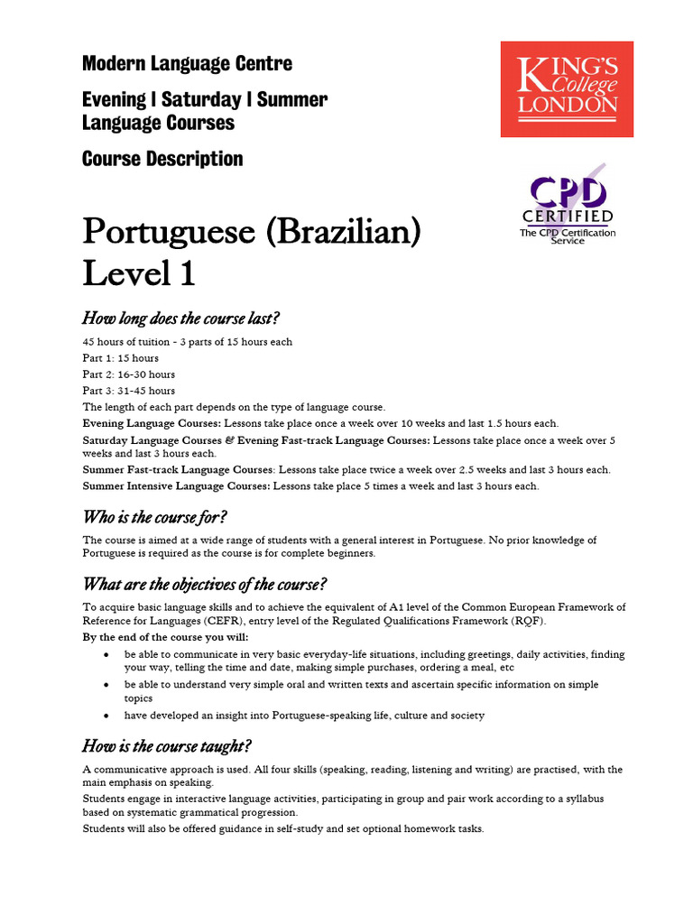 Brazilian Portuguese Level 1 Syllabus | PDF | Language Education ...