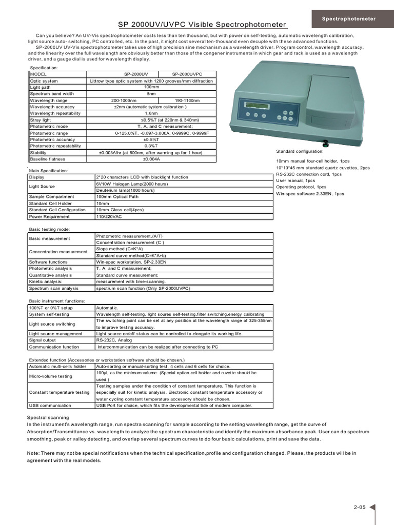 SP 2000UV UVPC Brochure | PDF | Spectrophotometry | Ultraviolet–Visible Spectroscopy