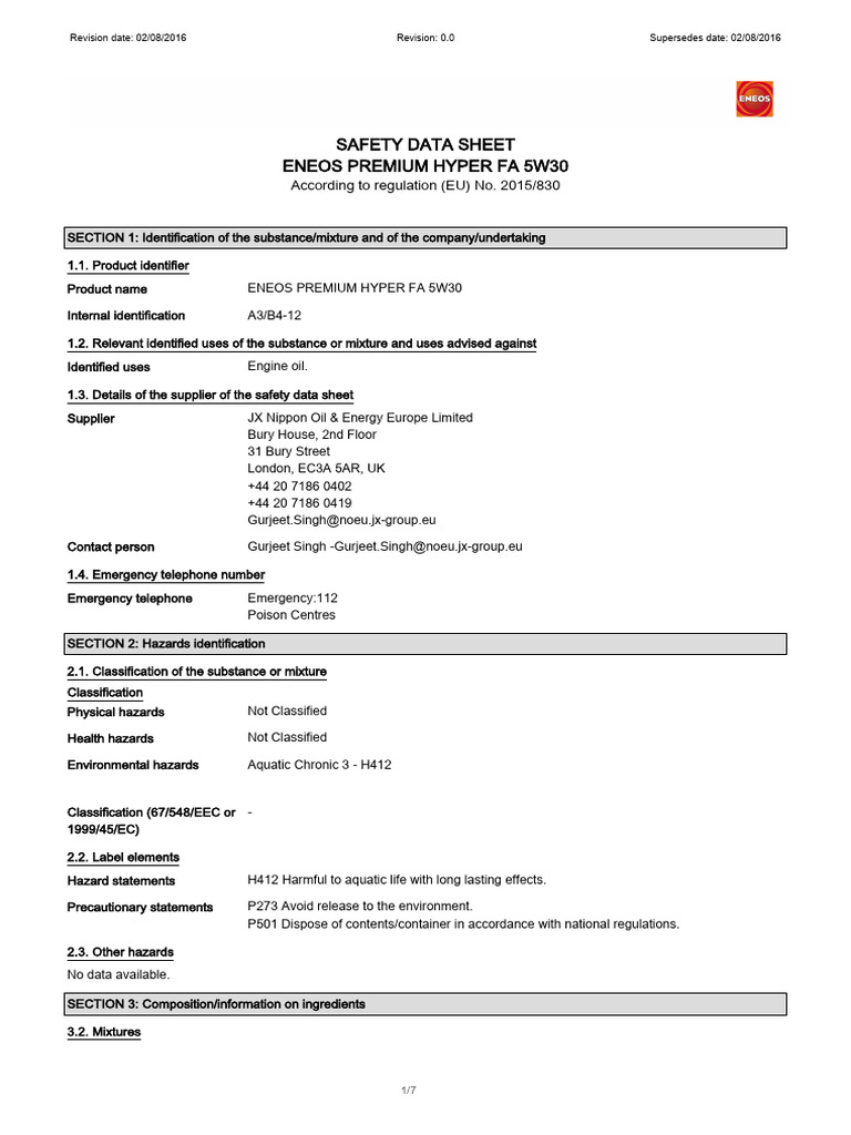 Eneos Premium Hyper Fa 5W30 | PDF | Hazards | Materials