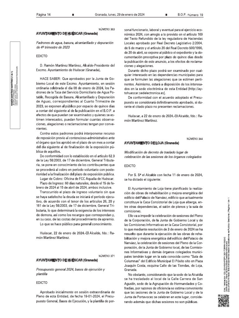 Publicación - PUBLICACIÓN BOP #19 PADRONES AGUA, BASURA, ALCANTARILLADO Y DEPURACIÓN 4º T 2023 ...