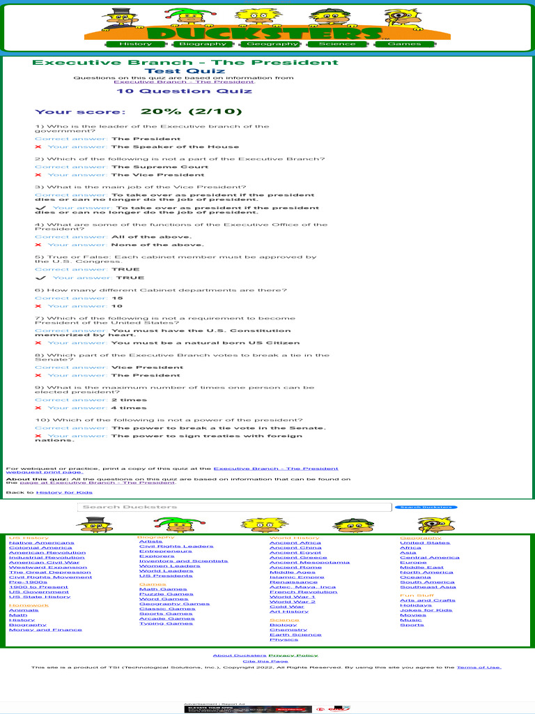 Quiz Executive Branch - The President | PDF | Presidents Of The United ...