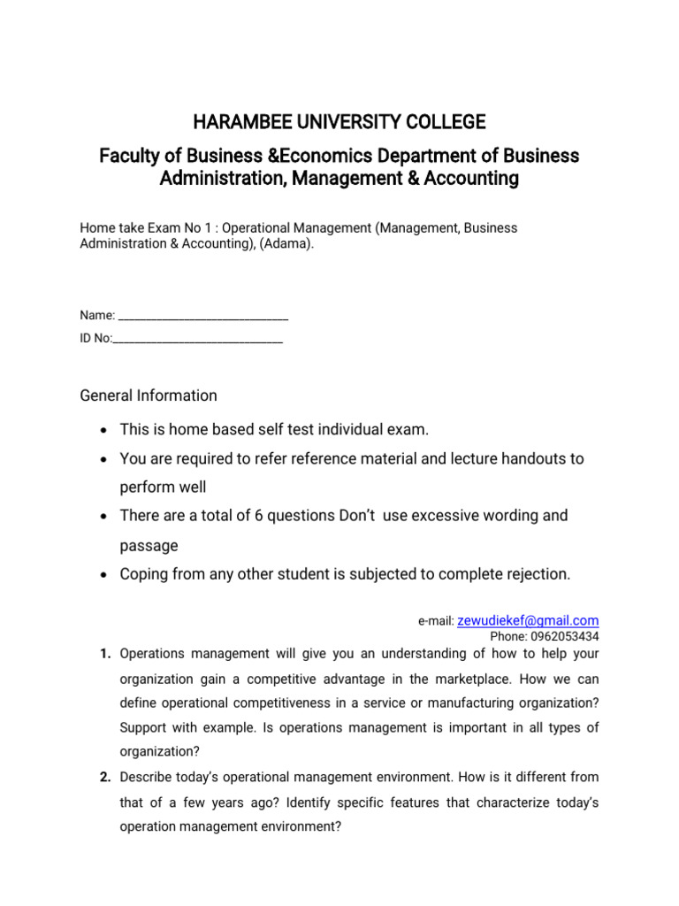 Operational Management Work Sheet I | PDF