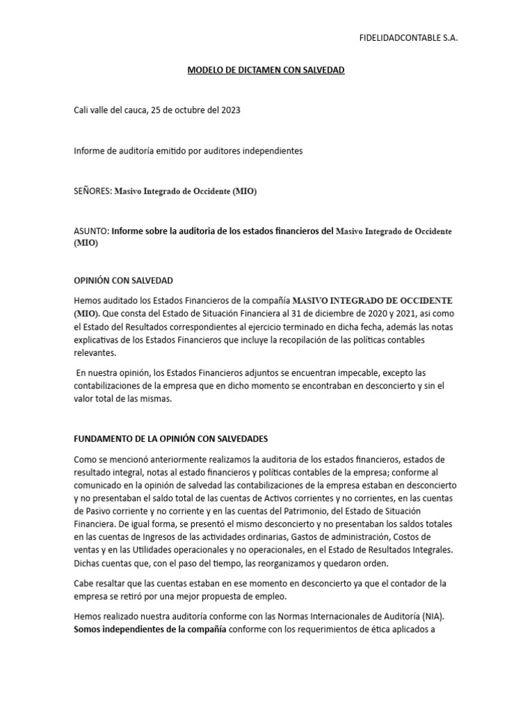 Informe Con Salvedad Mio Final | PDF | Auditoría | Estado financiero