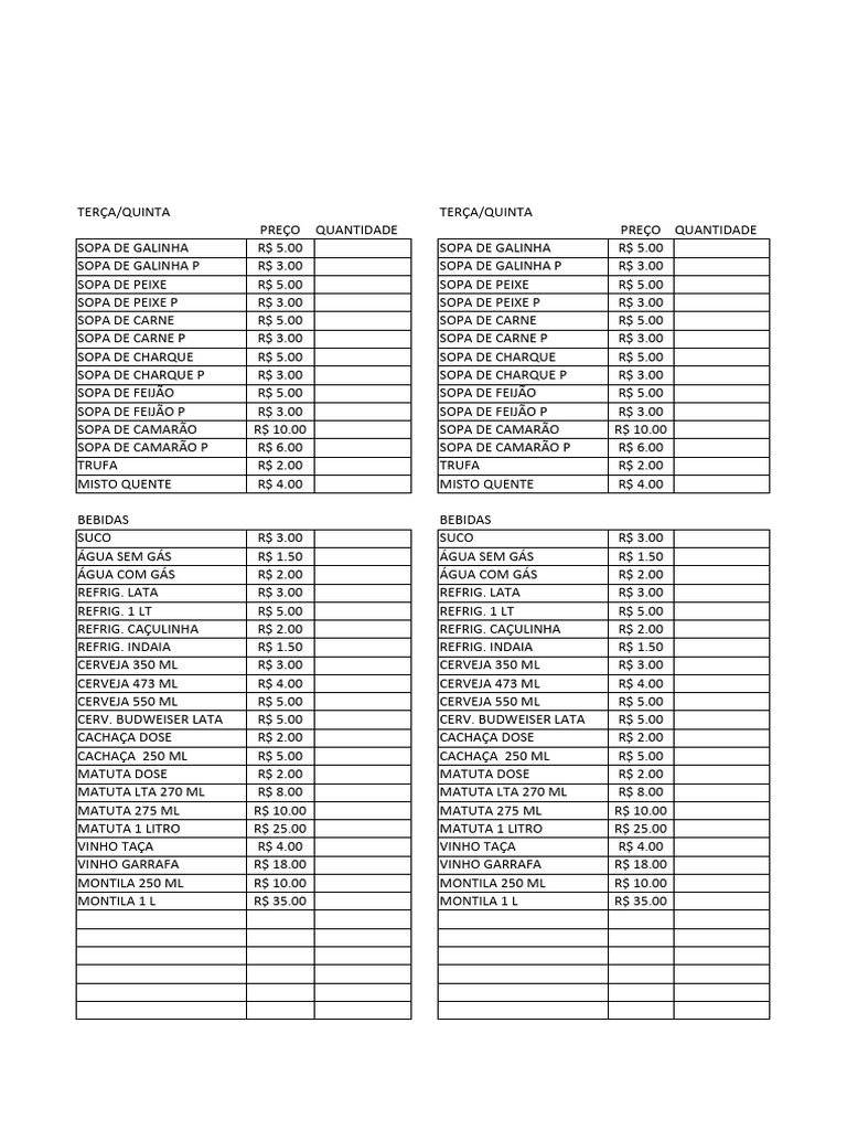 Comanda Modelo | PDF | Carne | Comidas e bebidas