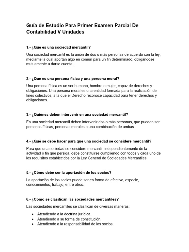Guía de Estudio para Primer Examen Parcial de Contabilidad V Unidades | PDF | Sociedad de ...