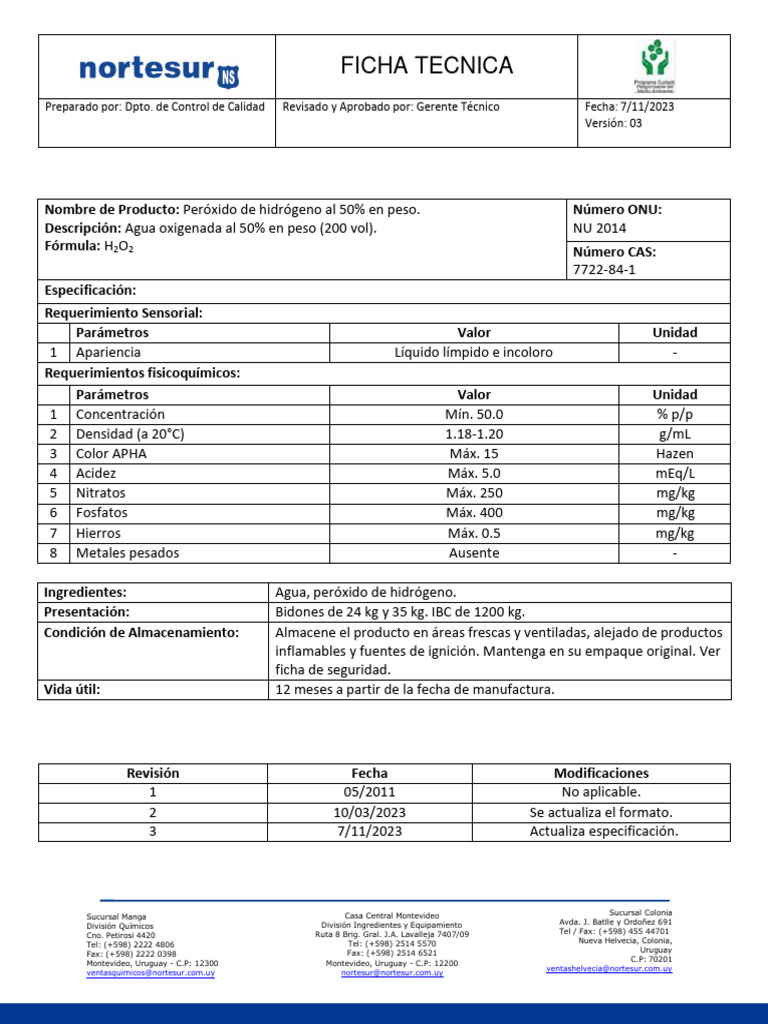 Ficha Técnica - Agua Oxigenada 50% | PDF | Peróxido de hidrógeno ...