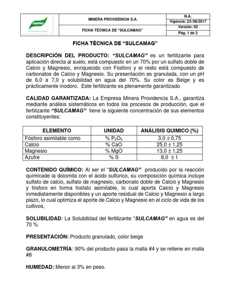 Ficha Tã - Cnica Sulcamag | PDF | Fertilizante | Calcio