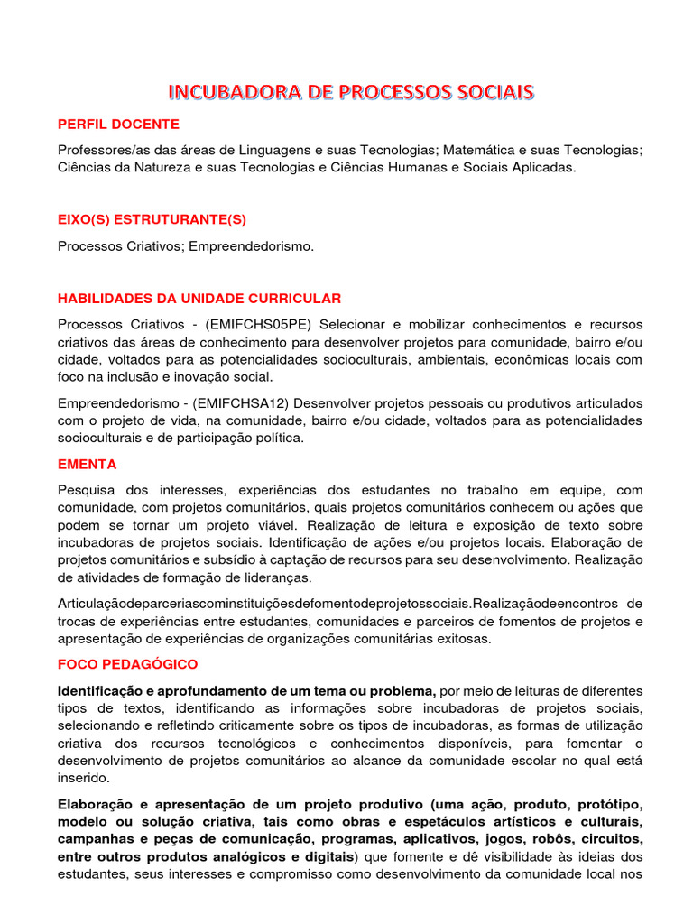Ementas e Planejamentos - Trilha Incubadora de Processos Sociais | PDF | Sociologia ...