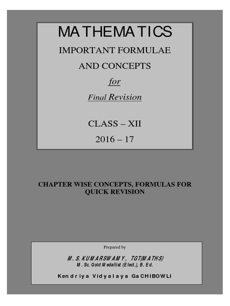 Maths Xii Important Formulae Chapterwise For Final Revision Pdf Function Mathematics Algebra