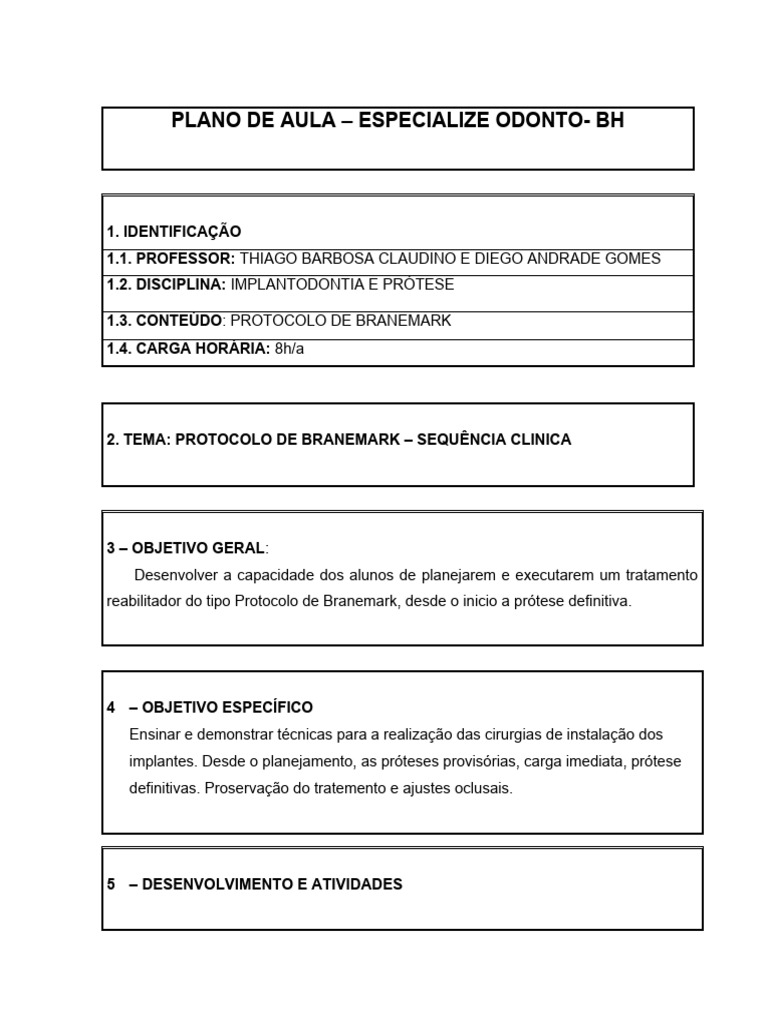 Plano de Aula - Protocolo Branemark | PDF
