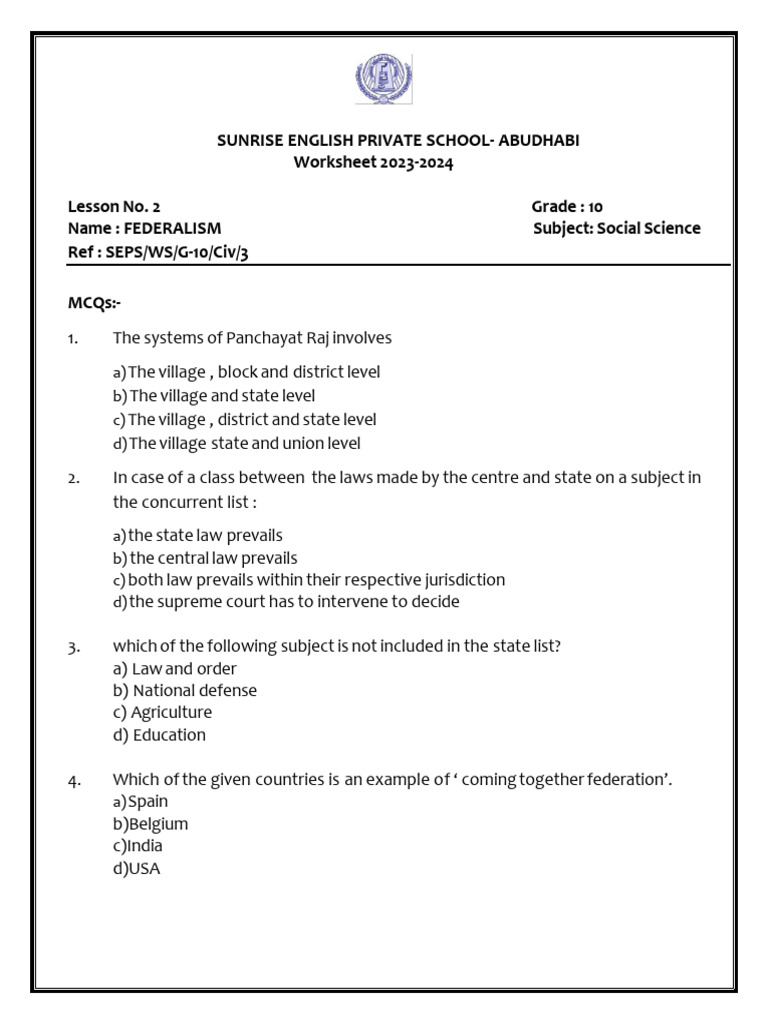 Federalism - Worksheet | Download Free PDF | Federation | Social ...