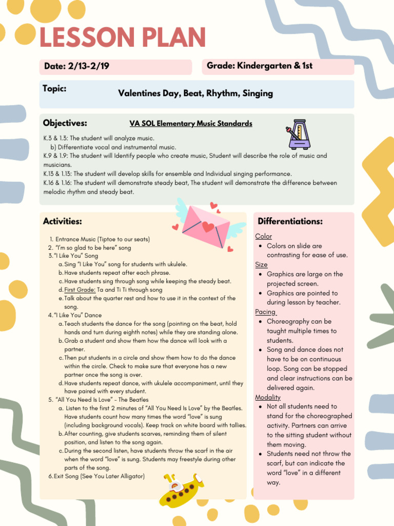 Kindergarten & 1st Grade Music Lesson Plan | PDF | Dances | Scarf