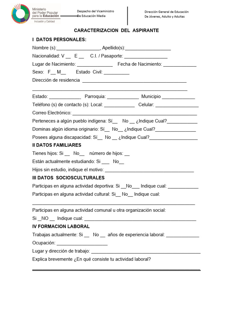 Caracterizacion Del Aspirante (Senifa Registro) Sin Llenar | PDF