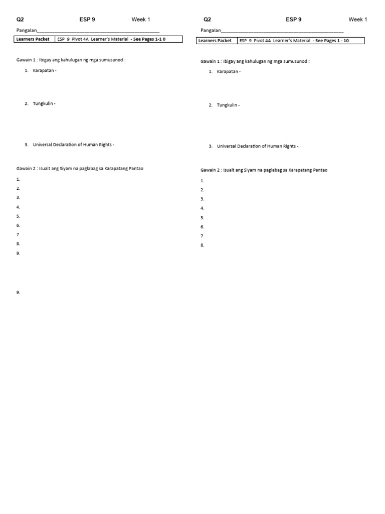 Q2 Esp 9 Q2 Esp 9: Week 1 Pangalan Week 1 Pangalan | PDF