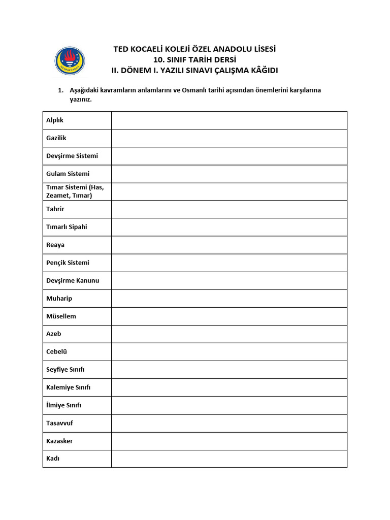 10. SINIF TARIH DERSI CALISMA KAGIDI 3 | PDF