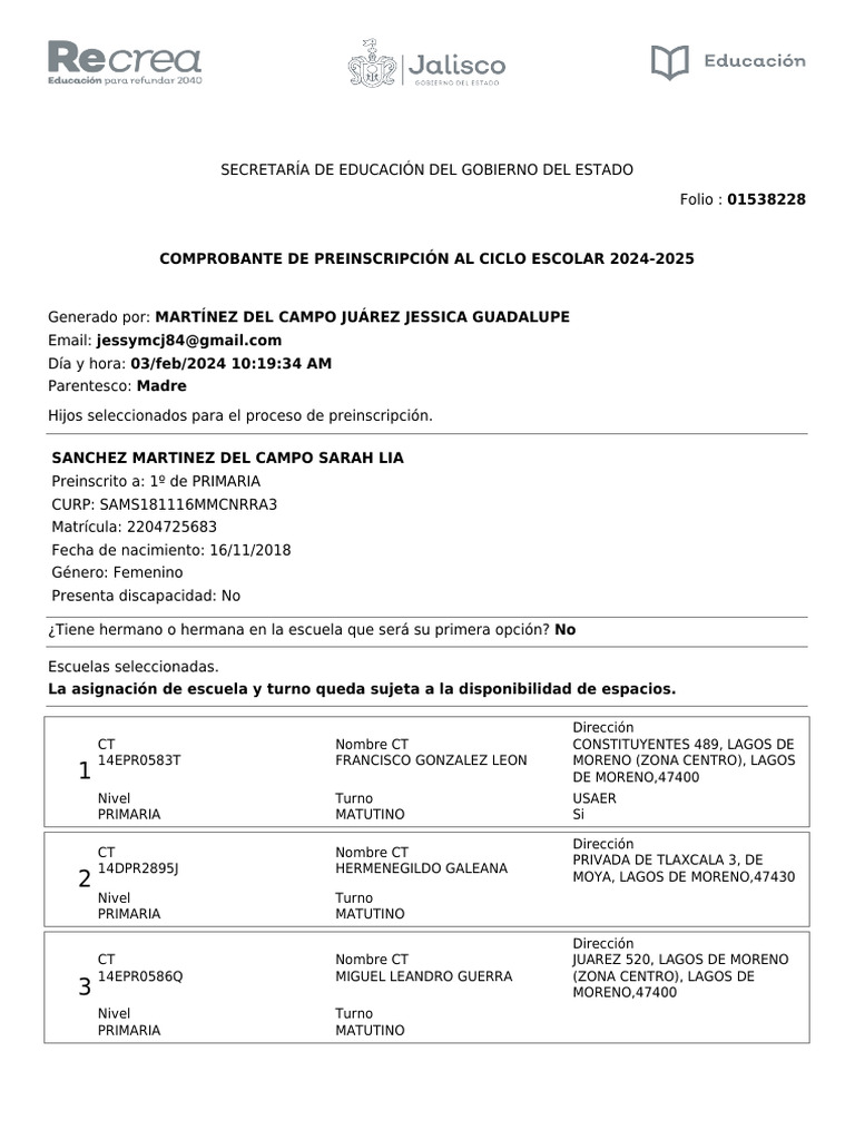 Comprobante de Preinscripción Al Ciclo Escolar 2024-2025 | PDF