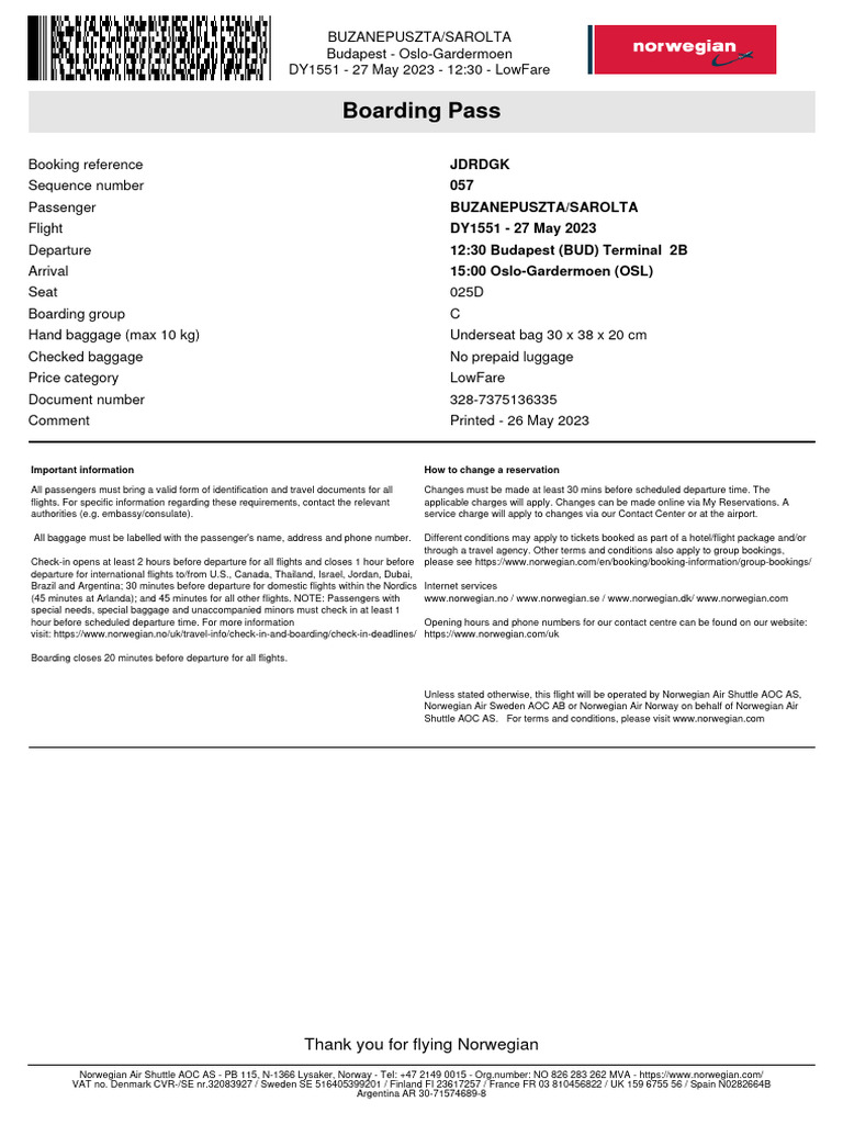 Norwegian Air Boarding Pass Info | PDF | Aviation