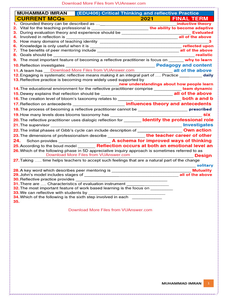 EDU406 (CURRENT MCQs FINAL TERM) | PDF | Reflective Practice | Psychological Concepts