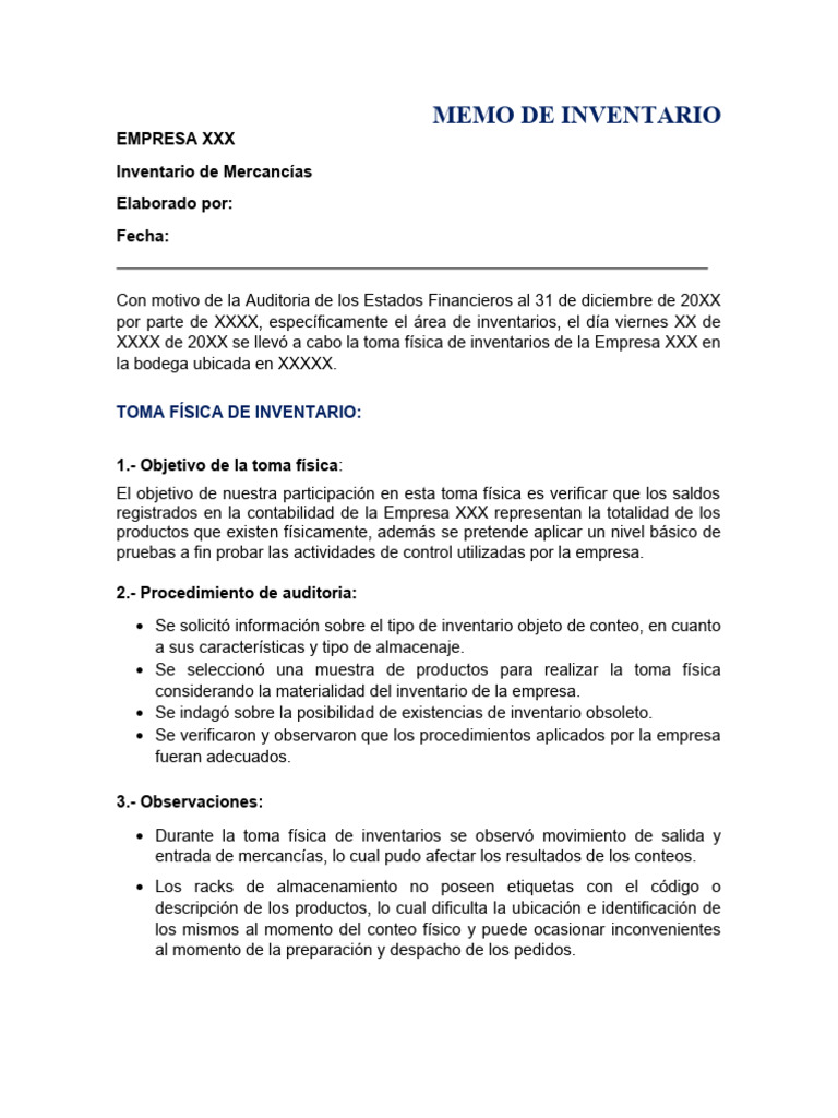 Informe De Toma Física De Inventario Pdf Inventario Auditoría