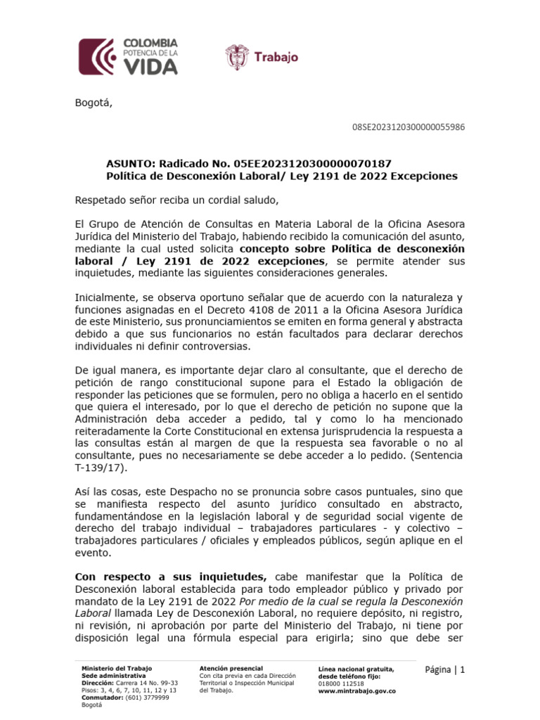 05ee2023120300000070187-Politica Desconexión Laboral Ley 2191 de 2022 Excepciones | PDF ...