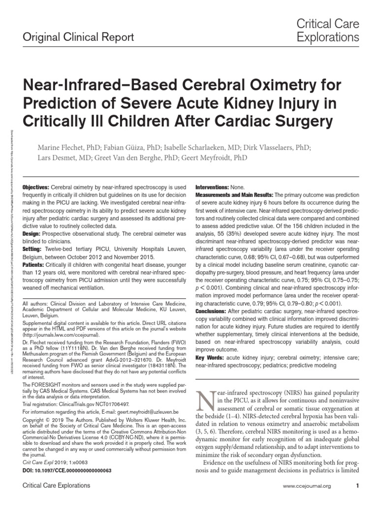 Near-Infrared-Based Cerebral Oximetry For Prediction of Severe Acute Kidney Injury | PDF ...