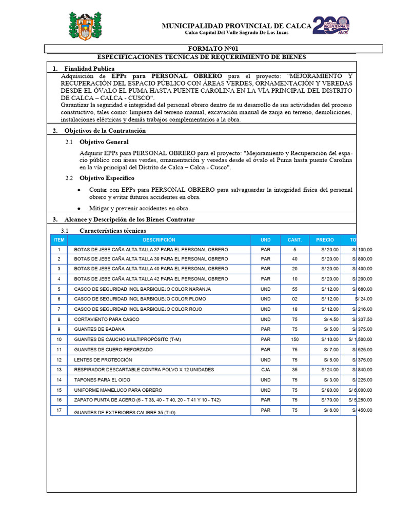 ESPECIFICACIONES TÉCNICAS - EPPs PERSONAL OBRERO | PDF | Derecho contractual | Derecho privado
